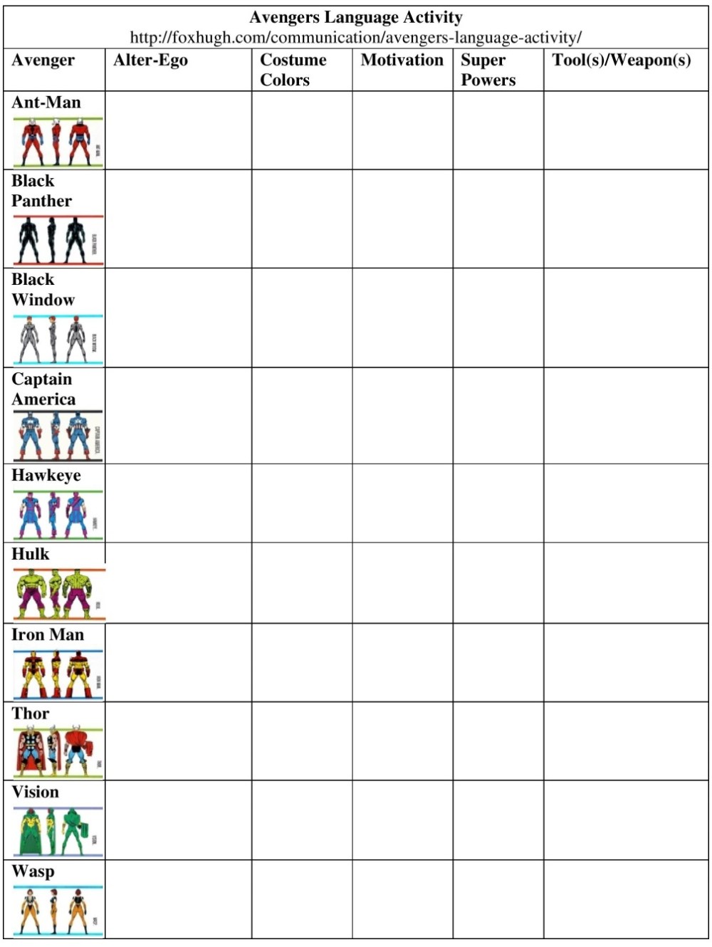 Avengers Language Activity | Dr. Hugh Fox III